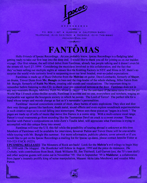 Fantomas Amenaza Al Mundo CD USA Promo With Press Sheet