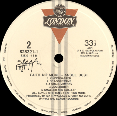 Faith No More Angel Dust LP Greece Pressing